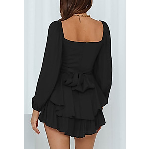 Fixmatti Womens Lantern Long Sleeve Shorts Romper Tie Waist Chiffon One Piece Outfits Solid Jumpsuit Black M