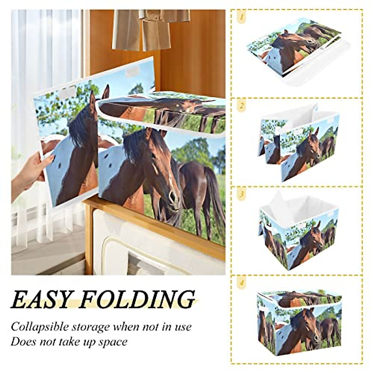 Kigai Storage Basket Funny Horse Storage Boxes with Lids and Handle, Large Storage Cube Bin Collapsible for Shelves Closet Bedroom Living Room, 16.5x12.6x11.8 In