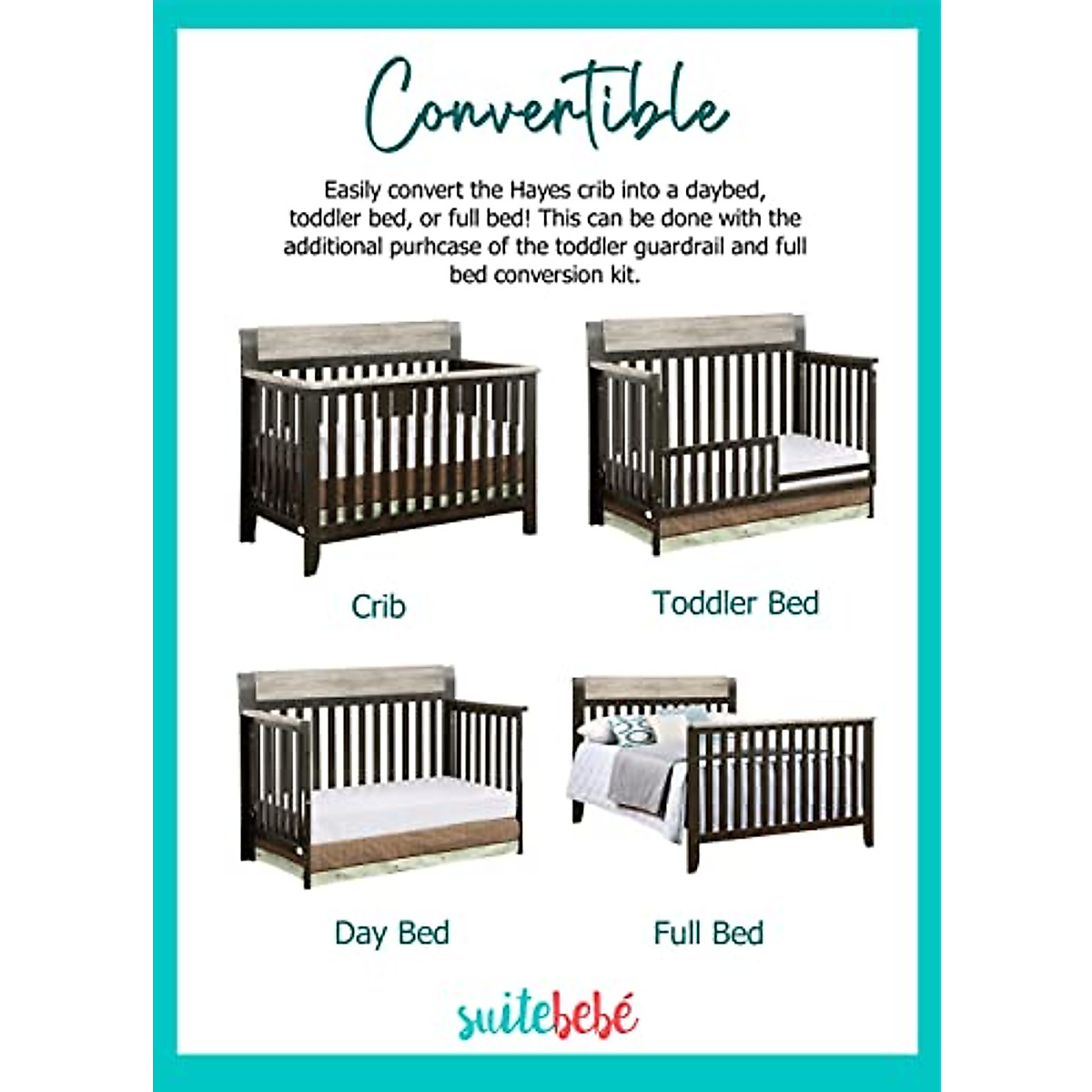 Suite Bebe Hayes 4 in 1 Convertible Crib, Coffee and Faux Barnwood - Quick Ship
