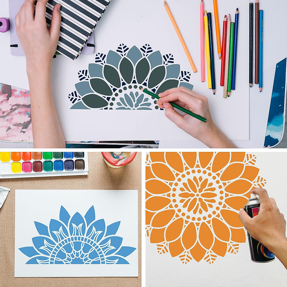 9 Pack Large Mandala Stencils for Painting Mandala Painting Templates Reusable Floral Mandala Drawing Stencils for Wall Floor Furniture Fabric Canvas Wood DIY Craft Art Supplies Home Decor
