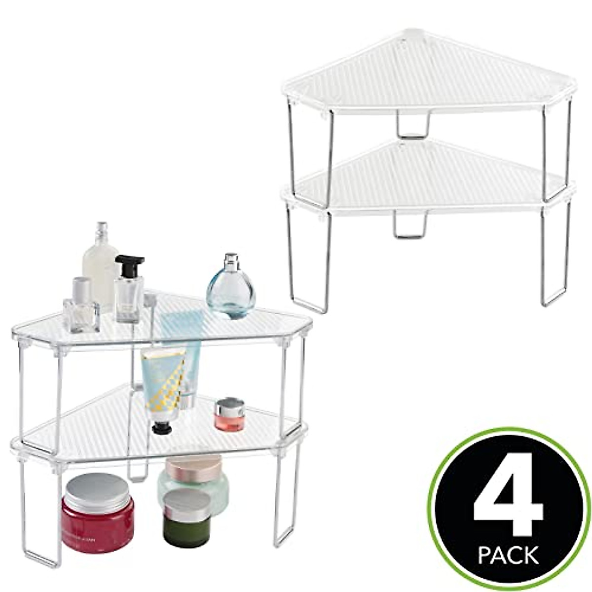 mDesign Plastic/Steel Corner Stackable Rack, Storage Organizer Shelf for Bathroom, Vanity, Countertop, Sink, Cabinet, Holds Makeup, Shower Accessories, Ligne Collection - 4 Pack - Clear