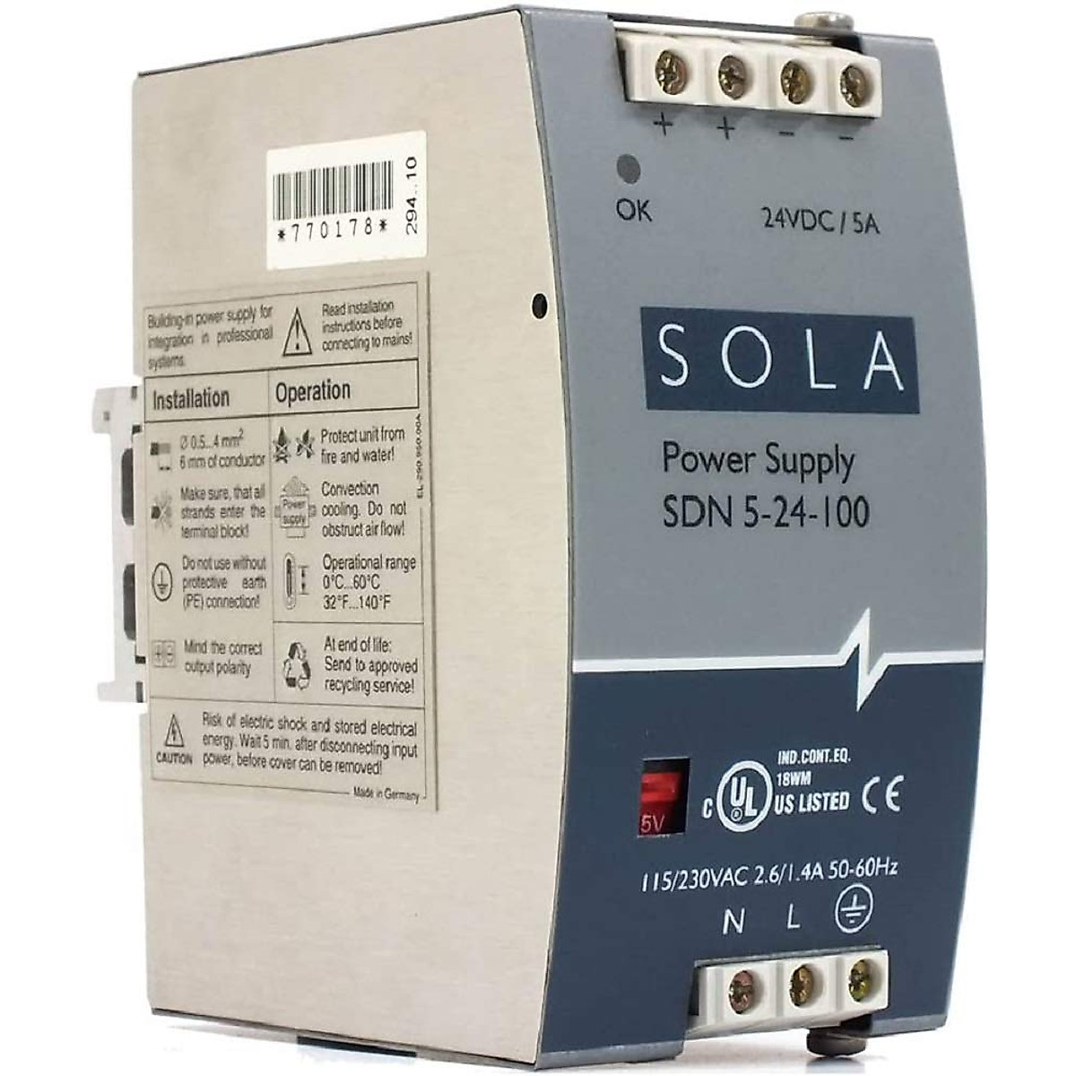 Sola/Hevi-Duty SDN5-24-100P DC Power Supply, 24 VDC, 5 Amp, 47-63 Hz