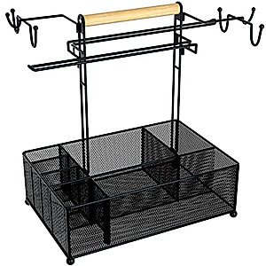Grill Caddy for Camping Accessories, Picnic Condiment Caddy, BBQ Caddy Mesh Basket with 2 Paper Towel Holders & 6 Hanging Hooks, Kitchen Storage Organizer for Camping, Picnic, Buffet, Grill, Part