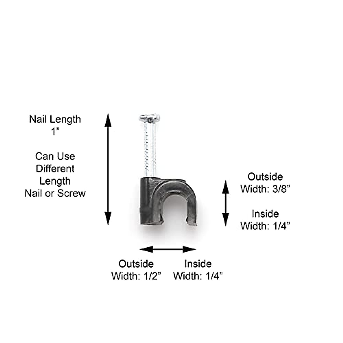 Single Coaxial Cable Clips, Cat6, Electrical Wire Cable Clip, 1/4 in (6 mm) Nail Clip and Fastener, Black (10 Pieces per Bag)