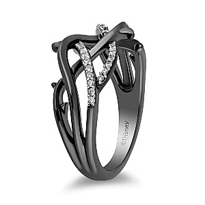 Jewelili Enchanted Disney Fine Jewelry Black Rhodium over Sterling Silver 1/6 Cttw Natural White Round Diamond Maleficent Ring, Size 9