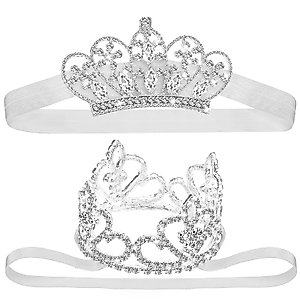 2 Pieces Baby Crown Baby Tiara baby crown headband baby girl crown Newborn Crown for Baby Girl infant tiara princess tiaras for little girls Birthday Elastic hair band Photography Outfits (Silver, White)