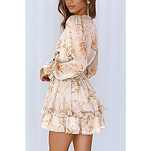 PRETTYGARDEN Women's Short A-Line Flare Dress Knot Front Long Sleeve V Neck Tiered Ruffle Swing Mini Skater Dresses (Apricot Floral,Medium)