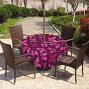 Butterfly Pattern round outdoor tablecloth,Round Tablecloth with Umbrella Hole and Zipper for Patio Garden,Waterproof Spill-Proof,for umbrella table Patio Garden(52" Round,Magenta Baby Pink Maroon)