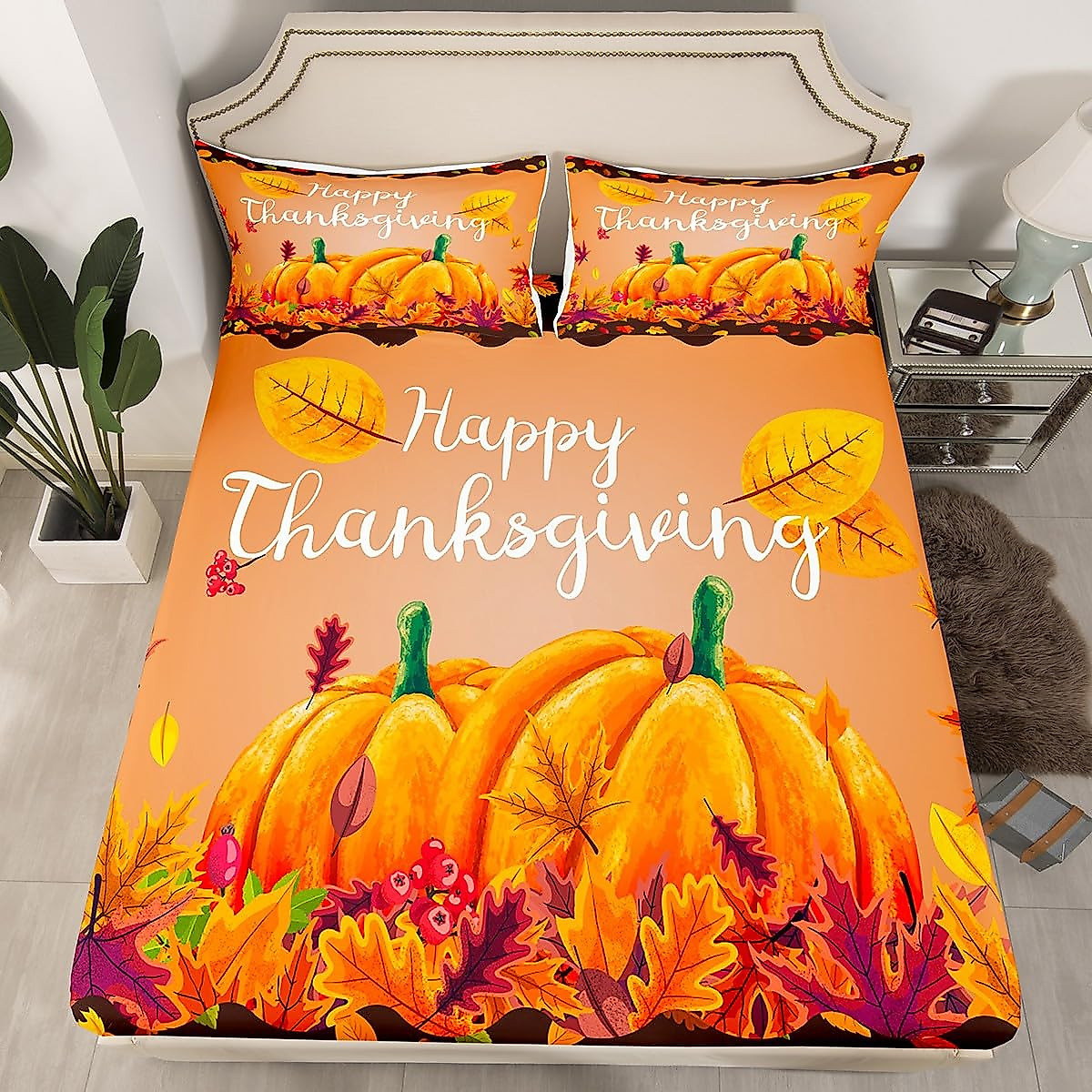 Feelyou Autumn Harvest Bed Sheet Set for Kids Boys Girls 3 Pieces Happy Thanksgiving Day Bedding Set Fall Pumpkin Fitted Sheet with 1 Flat Sheet & 1 Pillowcase Twin Size
