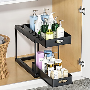 Aojia Double Sliding Cabinet Organizer, Under Sink Organizers and Storage, Pull Out Under Sink Organizer, Under Cabinet Organizer Baskets with 2 Drawers, Under Sink Storage for Bathroom, Kitchen