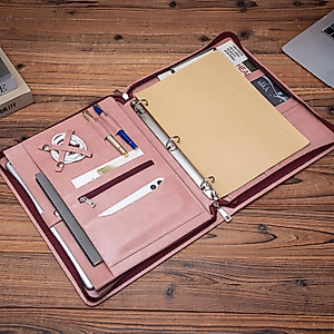 Geslun Vegan Leather Portfolio 3 Ring Binder with Clipboard, Hidden Handle, 8.5 x 11 Zippered Padfolio, Business Organizer Professional Executive Folio for Women, Pink