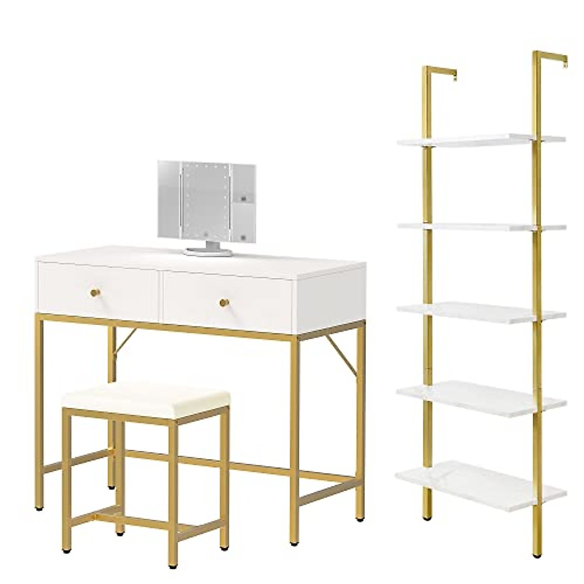 SUPERJARE Vanity Desk, Makeup Vanity with Stool & Tri-fold Lighted Mirror and Modern Ladder Shelf, 5-Tier Open Wall-Mounted Bookshelf with Stable Metal Frame