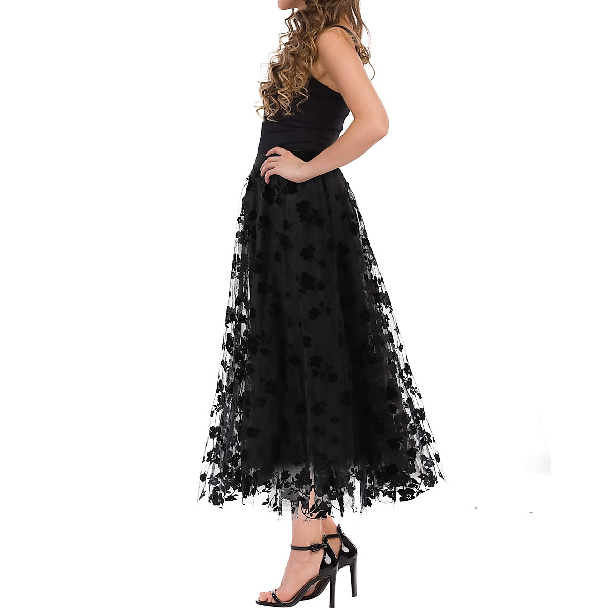 Women's A Line Tulle Midi Skirt Tutu Tiered Petticoat Skirts Tea-Length Elastic Waist Tutu Skirts (Flower Black 3 Layer)