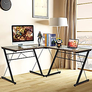 Tangkula L-Shaped Desk Corner Computer Desk, Space-Saving & Multifunctional Home Office Desk Writing Workstation Study Desk with Round Corner (Black)