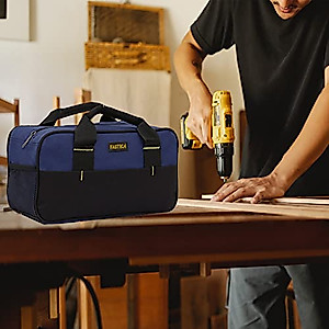 FASTECH 14 Inch Small Tool Bag,Wide Mouth Tool Tote Bag,Waterproof Tool Organizer Bag,Electricians Repairman Tools Tote Bag Double Fabric Storage Bag (Blue)