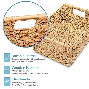 Natural Water hyacinth storage basket with Handle, Rectangular Wicker Basket for Organizing, Decorative Wicker Storage Basket for Living Room, Medium Wicker Basket 13.6 x 9.5 x 5.6 inches