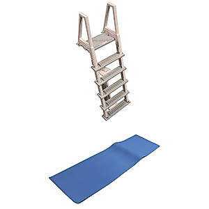 Confer Heavy Duty Adjustable Above Ground in Pool Swimming Pool Ladder with Deck Platform, White Side Rails, and Grey Treads, Blue