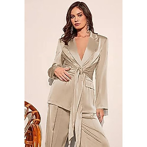 Dokotoo Womens Satin Blazers for Work Profession Wrap Tie Waist Blazer Office Blazers Womens Blazers for Work Casual Apricot S