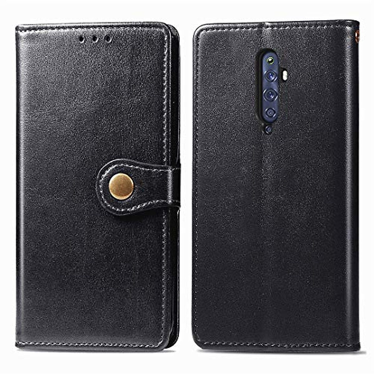 SATURCASE Case for Oppo Reno2 Z, Premium PU Leather Flip Round Magnet Wallet Stand Card Slots Protective Cover with Hand Strap for Oppo Reno2 Z (Black)