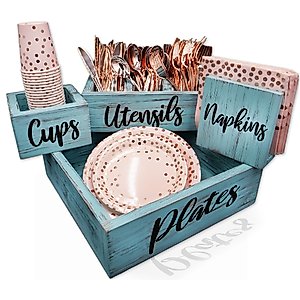 Rustic Sisters Kitchen Countertop Paper Plate Utensil Holder Caddy - Organizer for Plates, Cups, Cutlery and Napkins - Perfect for Parties, BBQs and Outdoor Gatherings - Rustic Blue Fir Wood