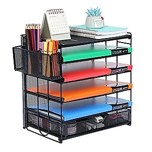 Samstar Paper Letter Tray, 5 Tier Desk File Organizer Paper Shelves Sorter Rack with Sliding Drawer and Extra Pen Holder, Black