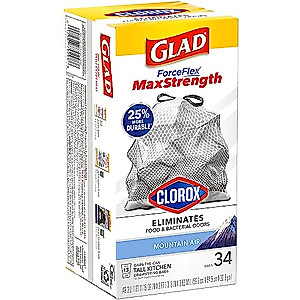 Glad ForceFlex MaxStrength with Clorox Tall Kitchen Trash Bags, 13 Gal, 34 Ct (Package May Vary)