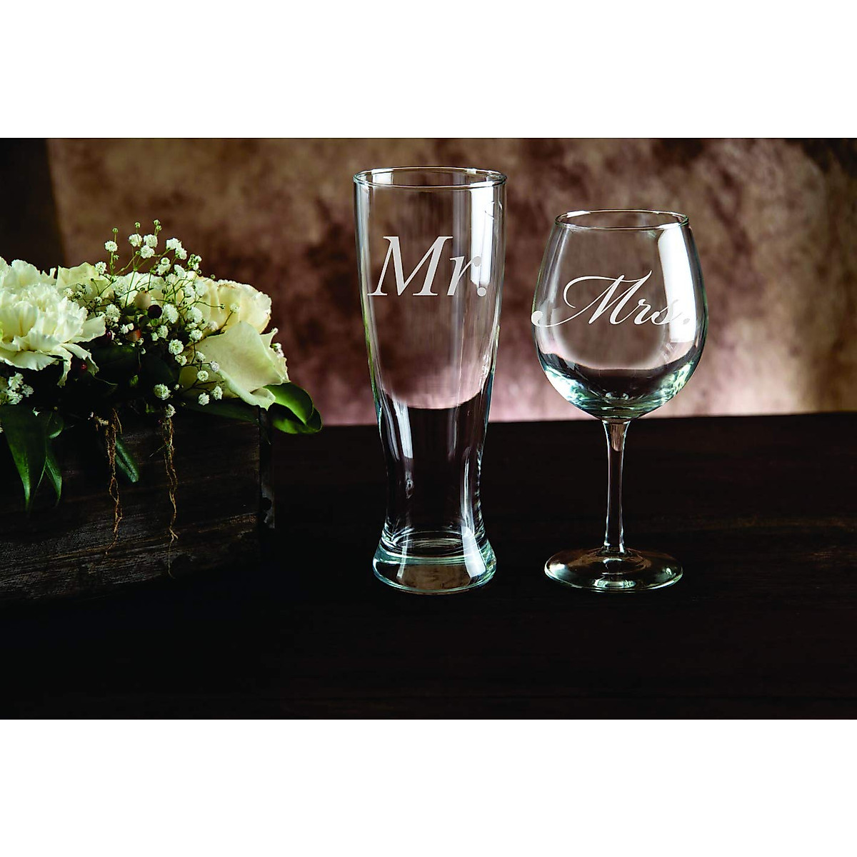 C & M Personal Gifts Wine Glasses (Set of 2) Mr. and Mrs. Engraved Beer Glass and Wine Toasting Glass Set -Clear Glass for Newly Weds Couple, Made in USA