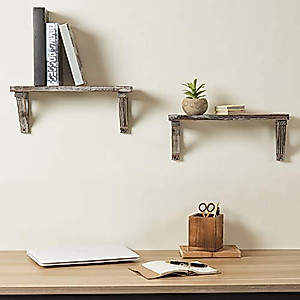 MyGift Wall Mounted Floating Shelves - 16.5 InchTorched Wood Decorative Shelf with Wooden Brackets, Set of 2