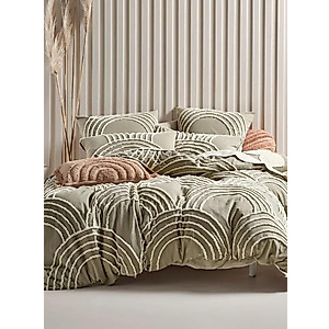 3 Piece Tufted Cotton Duvet Cover Set, Boho Bedding Queen King Comforter Cover with Pillowcases, Sage Green Duvet Cover Duvet Bedding Set (Queen-90X90 Inches)