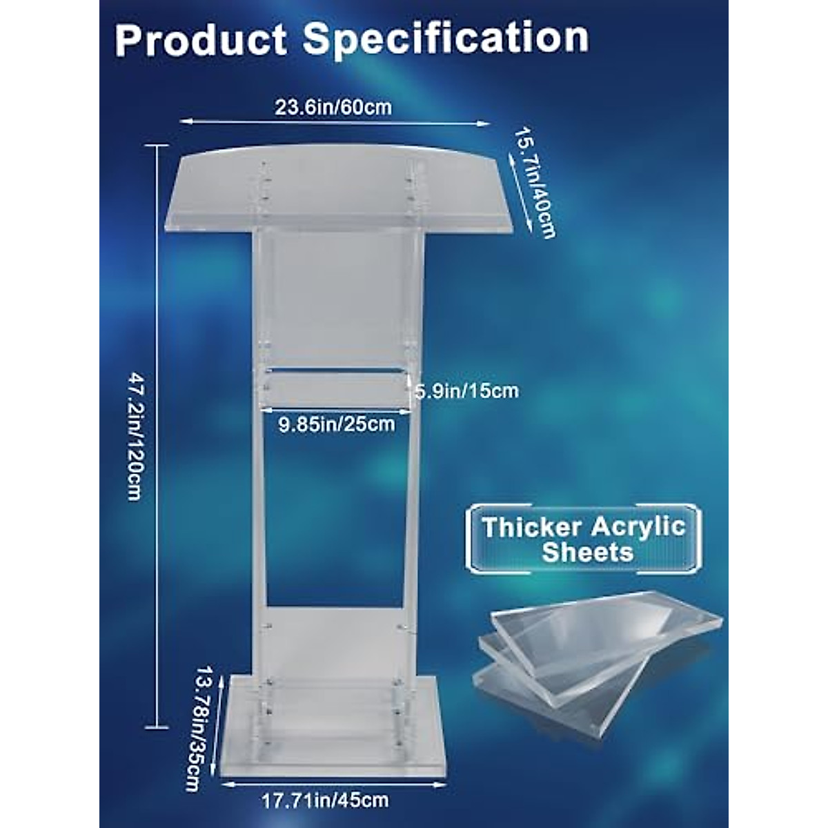 HODLBIT Upgraded Acrylic Podium Stand, Pulpits for Churches, 47.5inch Modern Lecterns & Podiums with Storage Shelf for Classroom, Weddings, Professional Presentation Podiums, Easy Assembly