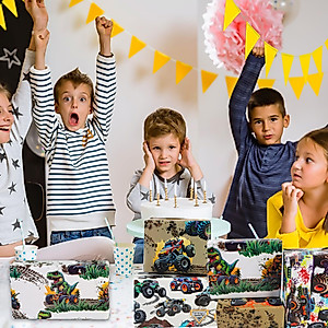 Dtiafu Monster Truck Wrapping Paper for Boys Kids - Racing Car Gift Wrap Paper Bulk Folded Flat for Birthday Baby Shower Holiday - Cartoon Dinosaur in Pickup,Monster Truck Designs Gift Wrapping -