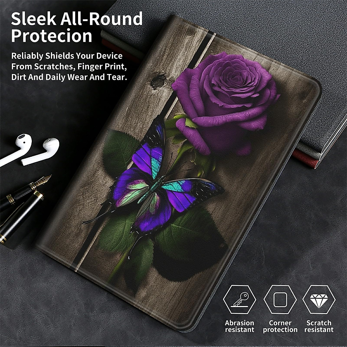 Galaxy Tab A 10.1 2019 Case,SM-T510/T515 Case,Lightweight PU Leather Folio Adjustable Stand with Auto Wake/Sleep Smart Case for Samsung Galaxy Tab A 10.1 Inch 2019 - Purple Rose & Butterfly