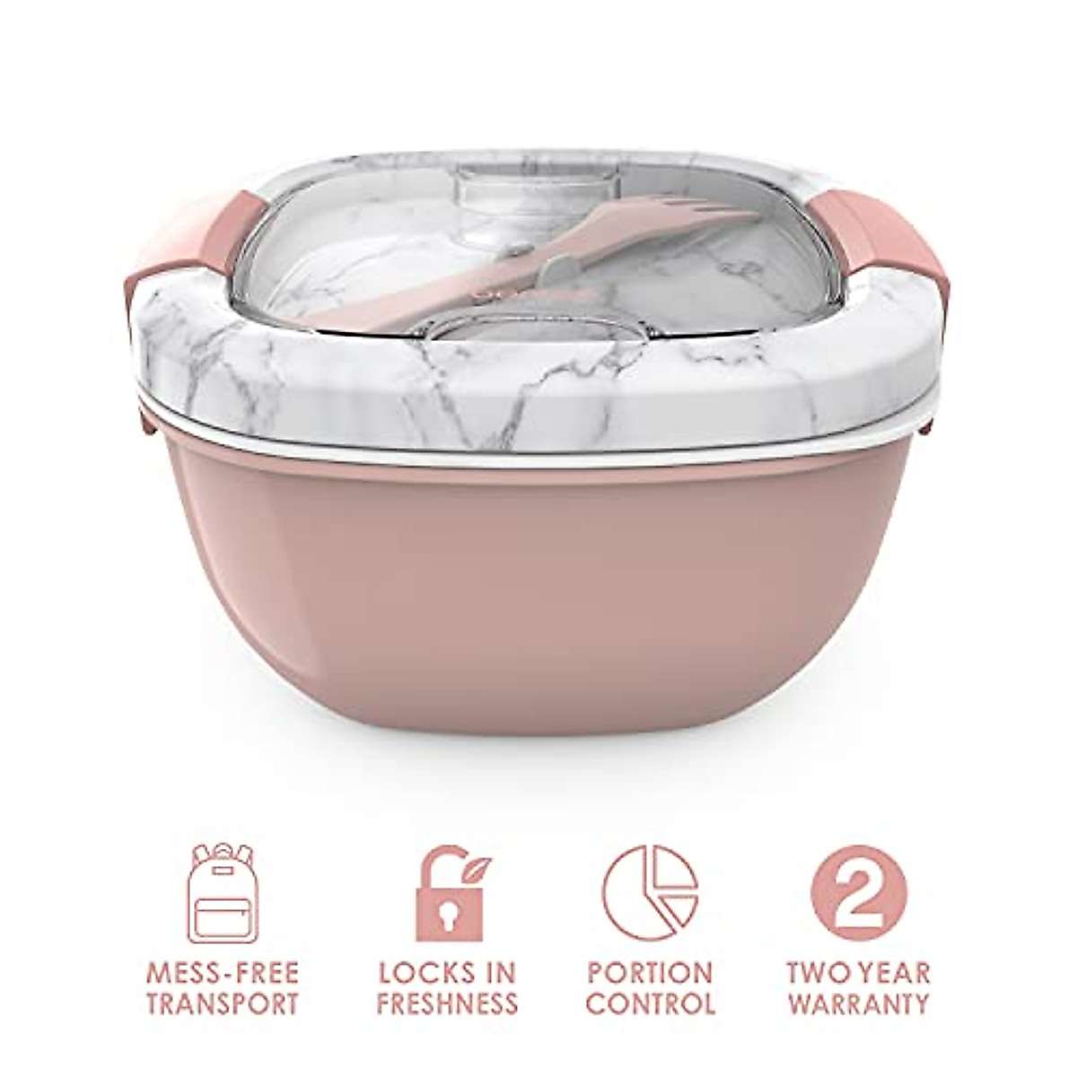 Bentgo® Salad - Stackable Lunch Container with Large 54-oz Salad Bowl, 4-Compartment Bento-Style Tray for Toppings, 3-oz Sauce Container for Dressings, Built-In Reusable Fork & BPA-Free (Blush Marble)