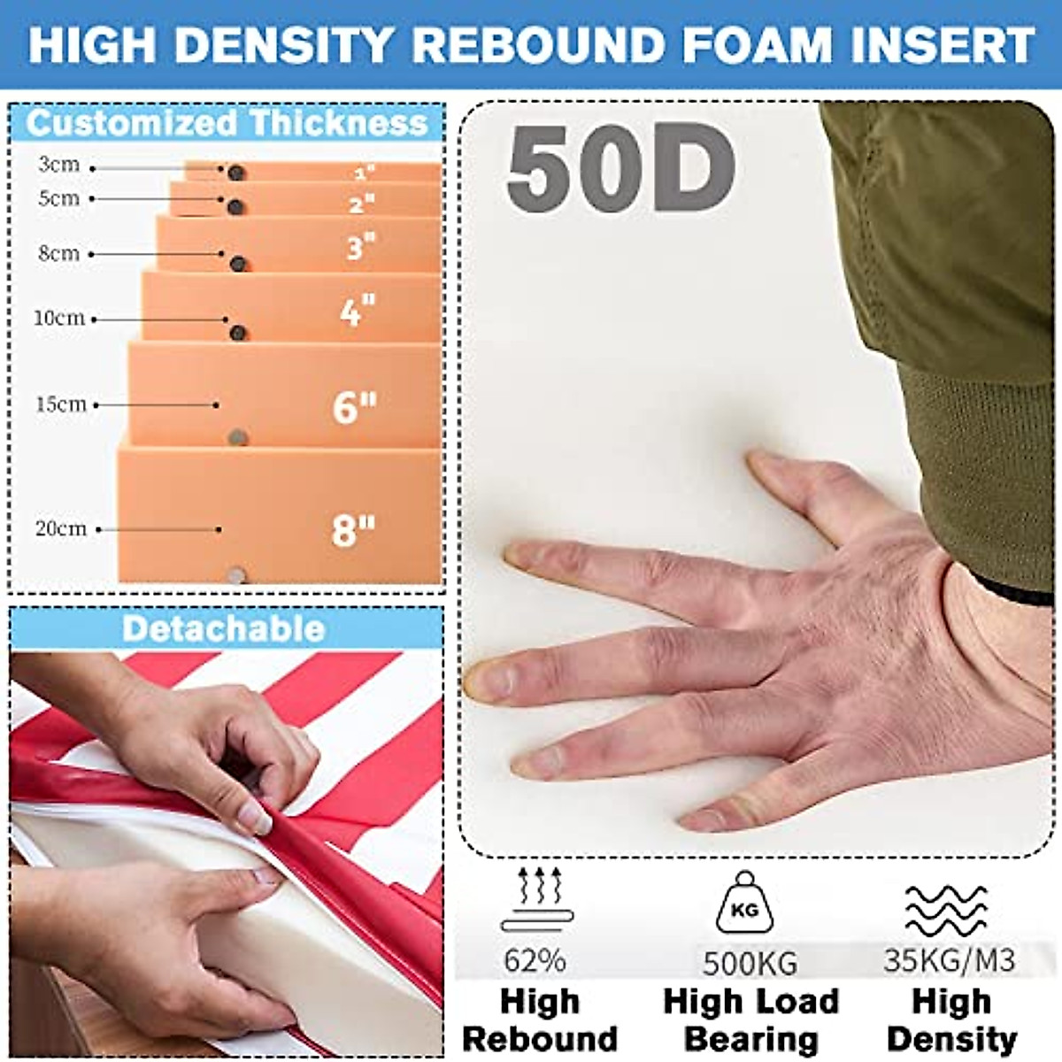 JBlWSGT Custom Bench Cushion, Chair Cushions, Indoor Outdoor Cushion, Personalized Cushion, Optional Waterproof, Optional Addition Piping and Non-Slip Bottom and Straps and Velcro