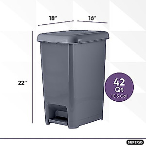 Superio Slim Trash Can with Foot Pedal – 10.5 Gallon Step-On Trash Can with Lid, Large Plastic Garbage Can, Trashcan for Bathroom, Kitchen, Office,Bedroom, Dorm Room, Patio, – Onyx Grey