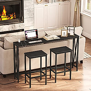 MAHANCRIS 55.1" Console Table with Power Outlet, Narrow Sofa Table, Farmhouse Sofa Couch Table with Charging Station, Sturdy and Durable, for Entryway, Living Room, Foyer, Black CTHB8301