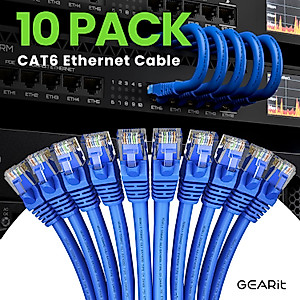 GearIT Cat 6 Ethernet Cable (10-Pack 10 Feet) Cat6 Network Patch, 10Gbps, RJ45, Snagless Cord, Gold-Plated Connectors, Internet for PC, TV, Tablet, Router, Printer, Servers, IT Data Center - Blue