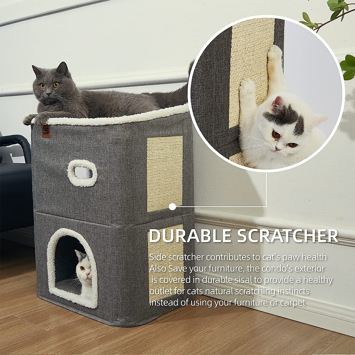 CATBOAT 2-Storey Cat House for Indoor Cats Bed, Covered Cat Beds & Furniture with Scratch Pad and Hideaway Cave, Cute Modern Cat Condo for Multi Small Pet Large Kitten Kitty, Grey
