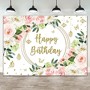 Wollmix Happy Birthday Banner Backdrop Decorations 7x5ft Party Sweet 16 Girls Women Pink Florals Butterfly Gold Dots Photography Background Supplies Photo Booth Studio Cake Table