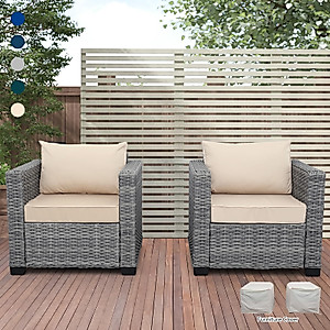 Rattaner Outdoor Furniture Club Chair Patio Single Sofa Chairs Outdoor Chairs Set of 2 Outdoor Sofa Accent Chair with Anti-Slip Cushions and Waterproof Cover, Khaki
