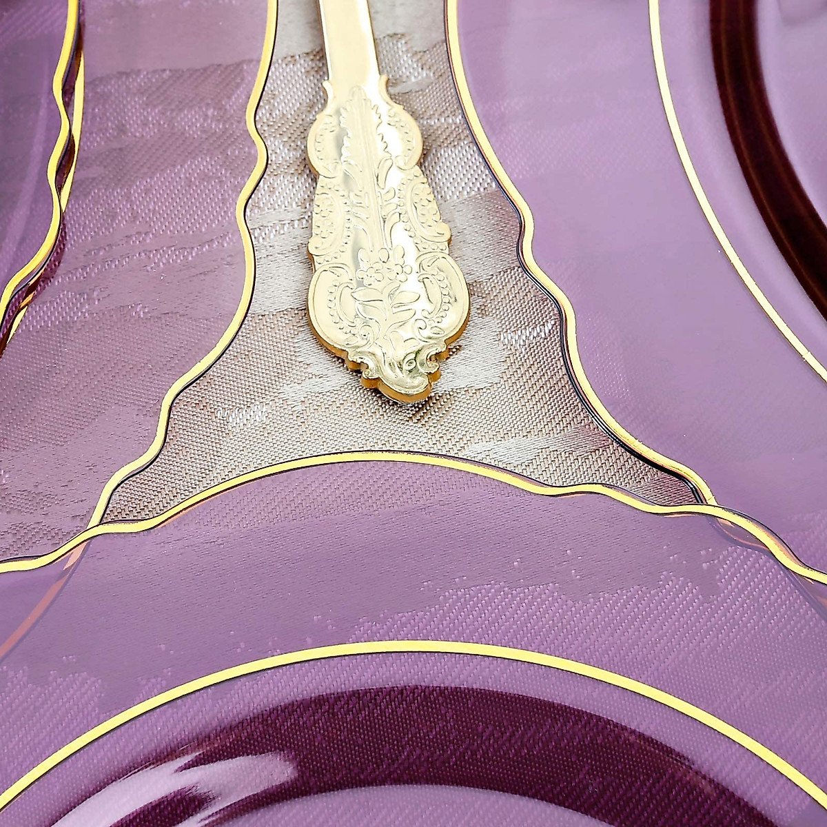 KIRE 210Pcs Purple Plastic Plates with Gold Rim& Silverware &Cups&Hand Napkin- Mardi Gras Plates - Baroque Clear Plastic Dinnerware for Upscale Wedding, Parties, Mothers Day, Easter