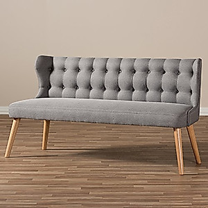 Baxton Studio Parisa Grey Fabric & Natural Wood Finishing 3 Seater Settee Bench, gray