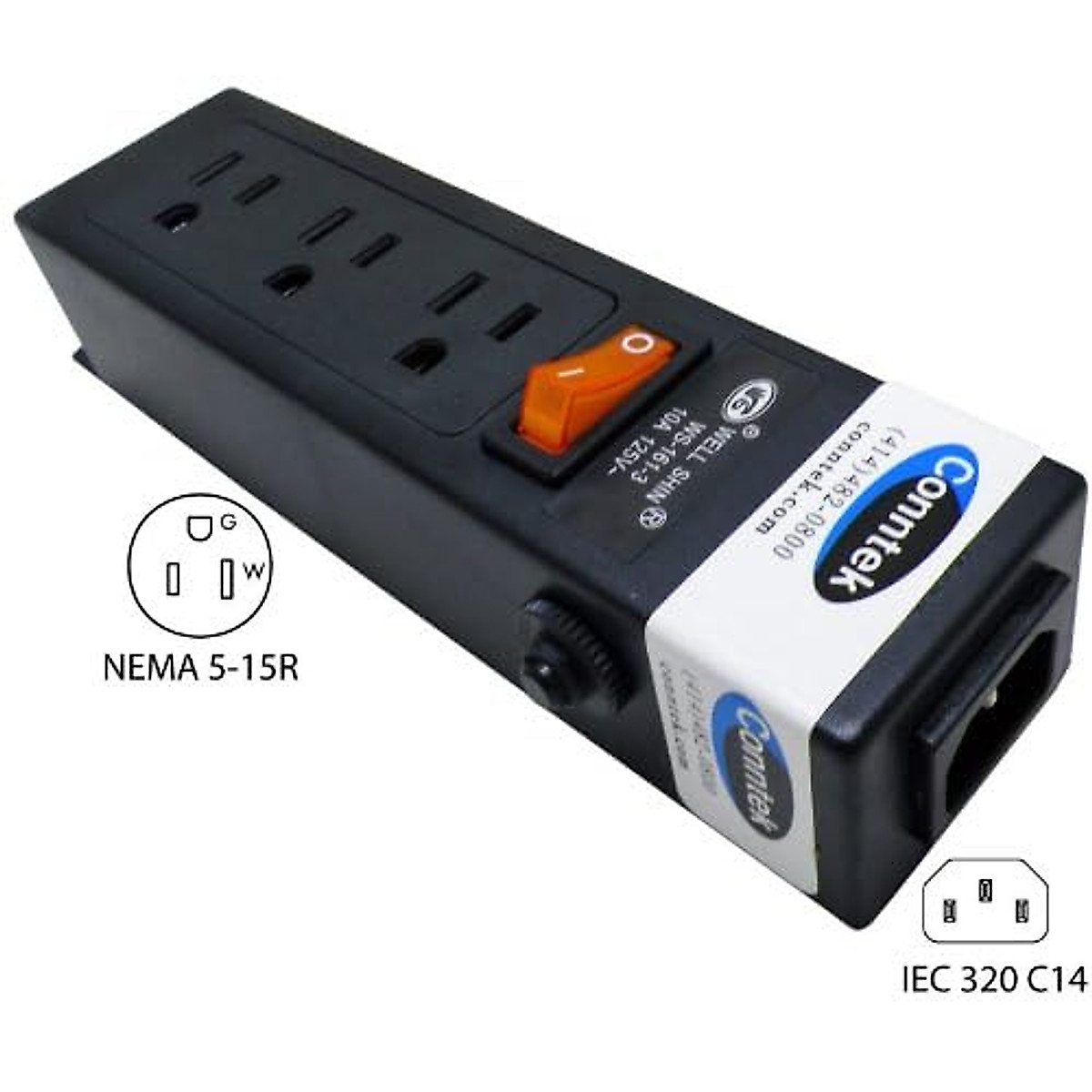 Conntek Power Strip 125V 7-1/2-Inch Housing IEC C14 to U.S 3 Prong Power Strip 3 Outlets with AC Adapter Space, Black
