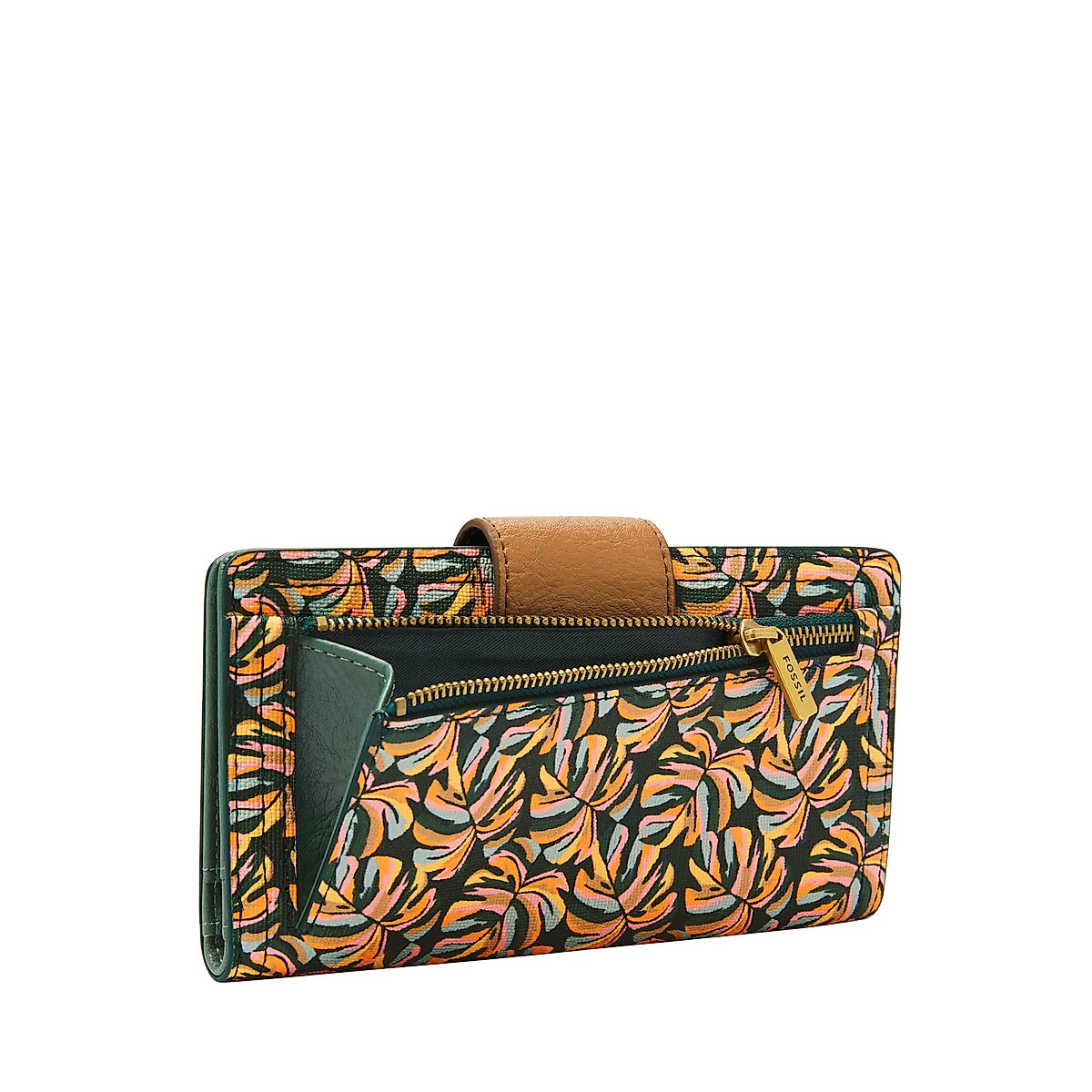 Fossil Women's Logan Faux Leather Wallet RFID Blocking Tab Clutch, Green Multi Palm (Model: SL6585335)