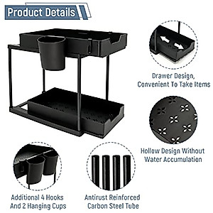 MILILOVE Under Sink Organizers, Bathroom Organizer, 2-Tier Sliding Kitchen Cabinet Organization, with Hook Hanging Cup, Multi-purpose Shelf Organizer, For Kitchen Bathroom Bedroom Office Countertop