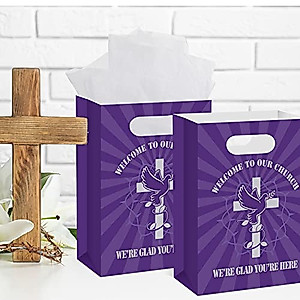60 Pieces Church Welcome Gift Bags Purple Welcome to Our Church Gift Bags Large Religious Church Paper Bag with Handles for Visitors Members Birthday Church Theme Party Supplies, 8.6 x 6 x 2.36 Inch