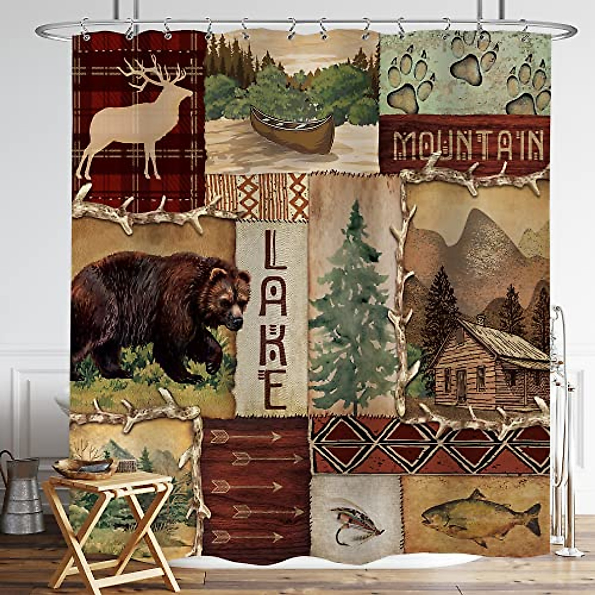 LIGHTINHOME Retro Cabin Shower Curtain 60Wx72H Inches Rustic Bear Deer Country Hunting Wildlife Lodge Tribal Farmhouse Western Bathroom Home Decor Cloth Fabric Waterproof Polyester Set with Hooks