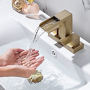 HAMOLER 4 Inch Centerset Bathroom Waterfall Faucet 2 Handle 3 Hole Lavatory Vanity Faucet Waterfall Basin Faucet with Pop Up Drain with Overflow, Brushed Gold