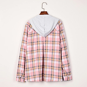 Jackets for Women 2023 Casual Long Plaid Print Shirts Long Sleeve Tops Open Front Button Down Hoodie Cardigan Lightweight Plus Size Coats Outerwear Fall Winter Clothes My Orders(B-Pink,XX-Large)