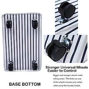 HiCharmcci Laundry Hamper, Wheeled Collapsible Clothes Hampers for Laundry, Large 82L, Dark Blue Strips, Sturdy Oxford Fabric, Mesh Closure, Portable Handle, Transparent Window